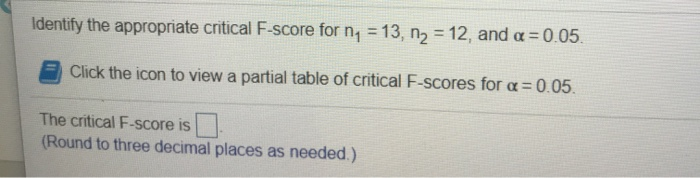 Solved Identify the appropriate critical F-score for ny = | Chegg.com