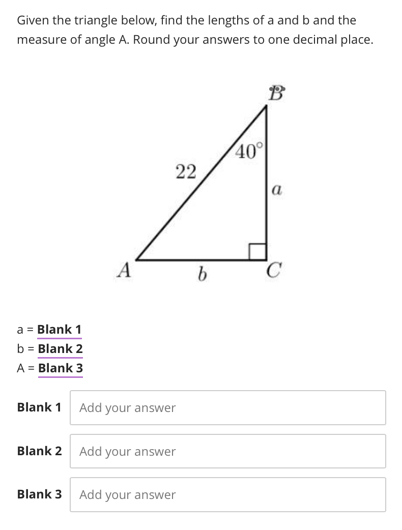 Solved Given the triangle below, find the lengths of a and b | Chegg.com