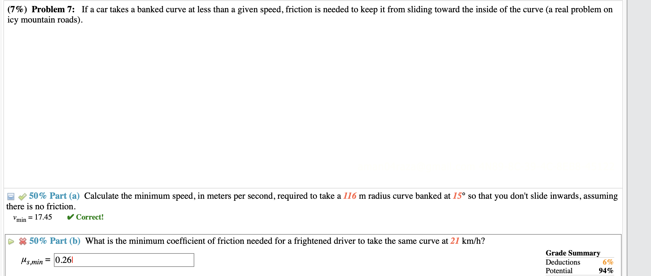 Solved (7%) ﻿Problem 7: If a car takes a banked curve at | Chegg.com
