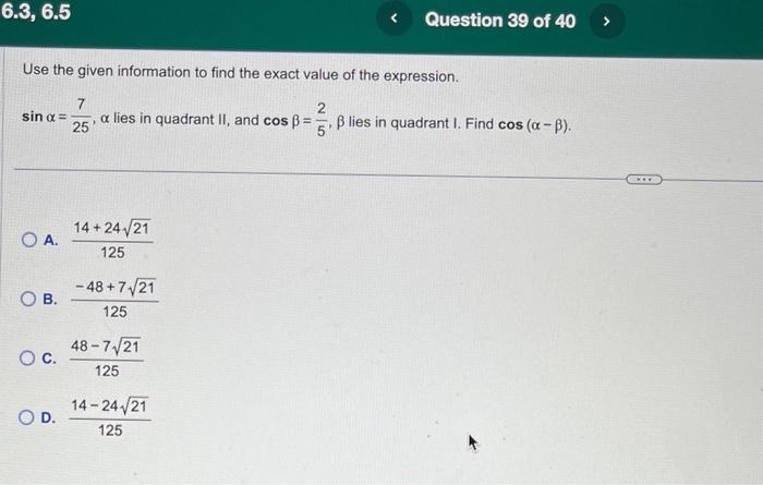 Solved Find the exact value of tan(α+β) under the given | Chegg.com
