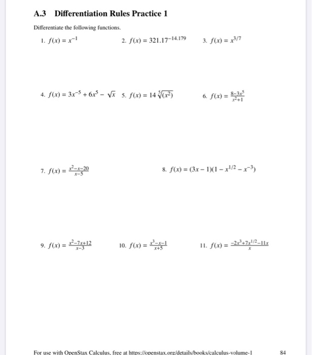 Solved A.3 Differentiation Rules Practice 1 Differentiate | Chegg.com