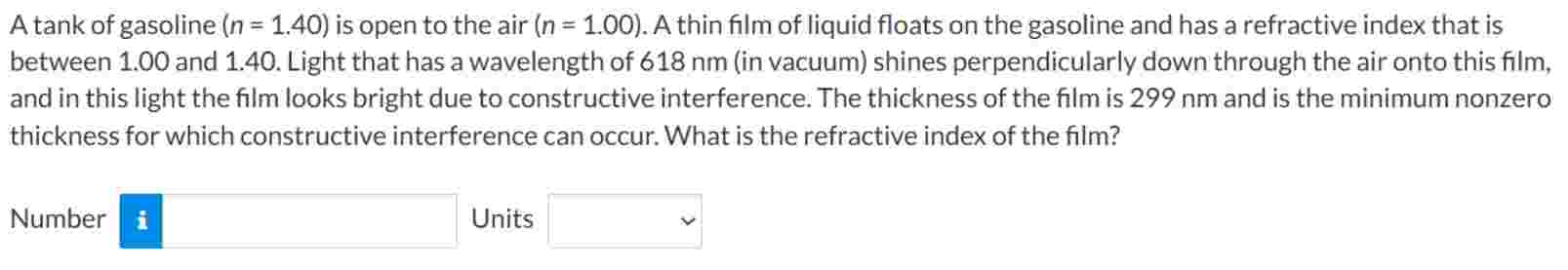 Solved A tank of gasoline \( (n=1.40) \) ﻿is open to the air | Chegg.com