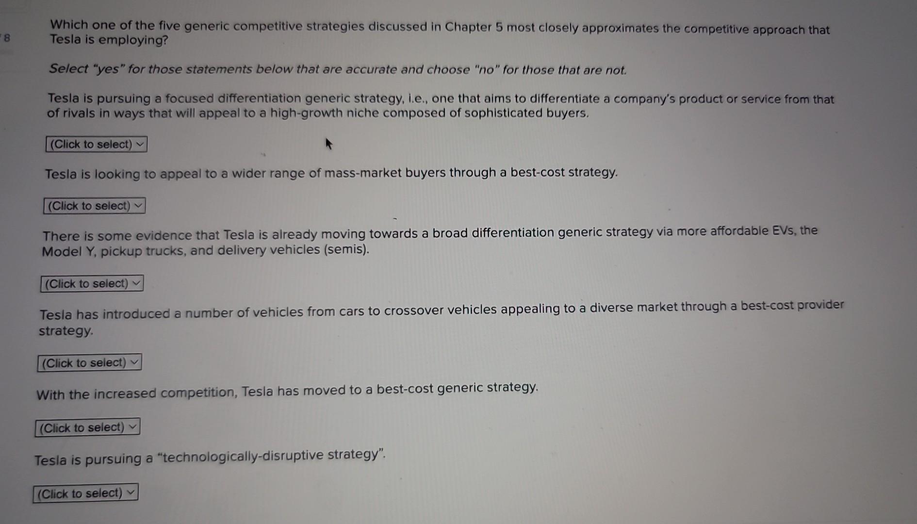 Solved (Business policy and Strategy ) Select "yes" for | Chegg.com