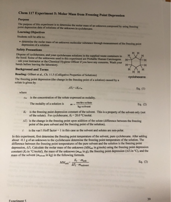 Chem 117 Experiment 5 Report Sheet: Molar Mass from | Chegg.com