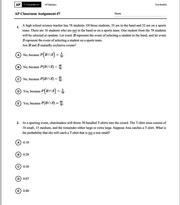 Solved AP ColleBoard AP Statistics Test Rookie AP Classroom | Chegg.com