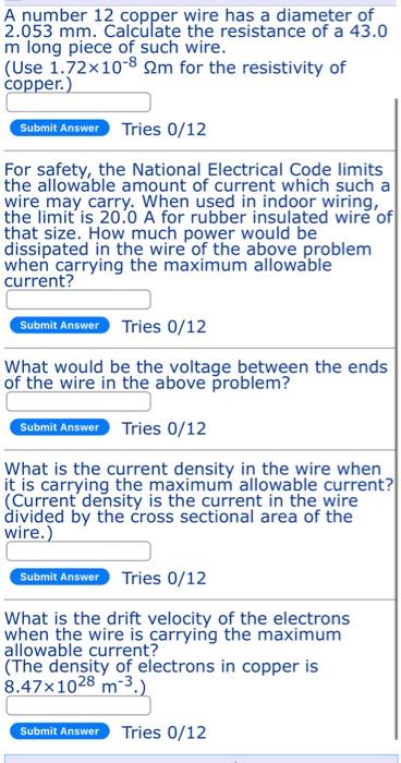 Solved A number 12 copper wire has a diameter of 2.053 mm. | Chegg.com