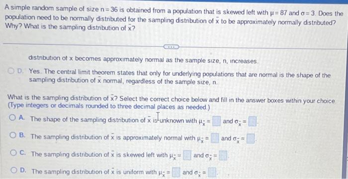 Solved A simple random sample of size n=36 is obtained from | Chegg.com