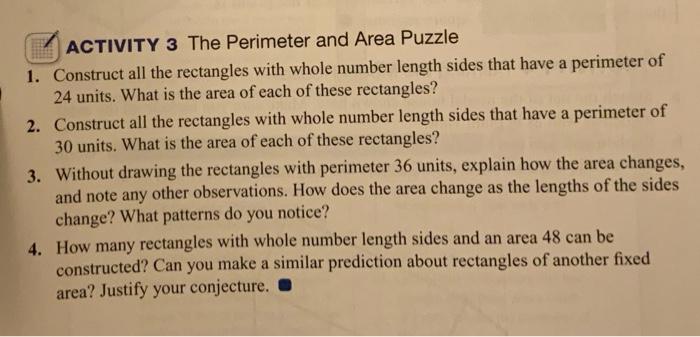 Solved ACTIVITY 3 The Perimeter and Area Puzzle 1. Construct | Chegg.com