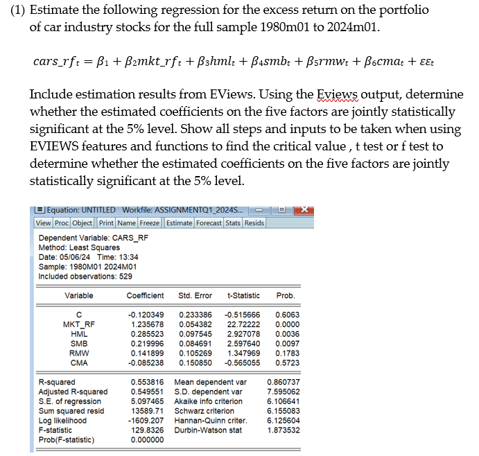 Solved (1) ﻿Estimate the following regression for the excess | Chegg.com