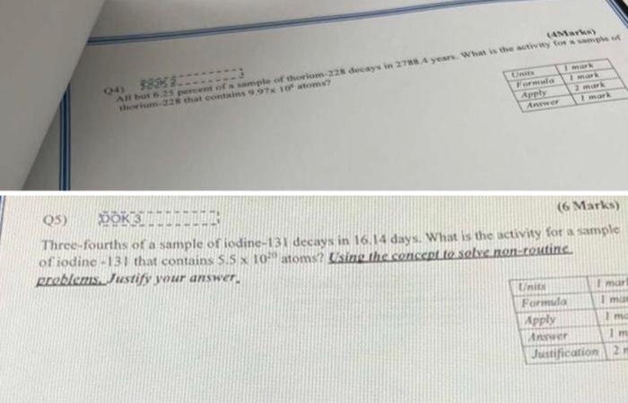 Solved (4Marks) 04) 38953 sample of thorium-228 decays in | Chegg.com