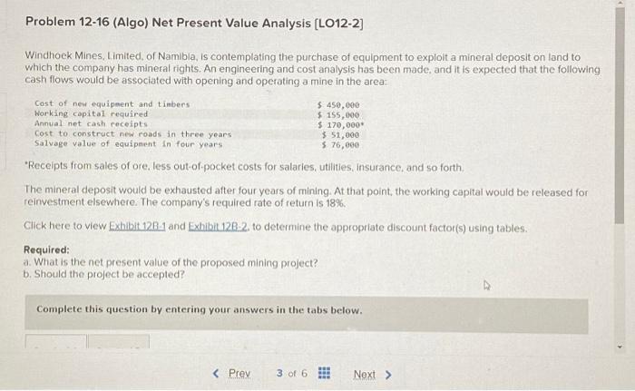 Solved Problem 12-16 (Algo) Net Present Value Analysis | Chegg.com