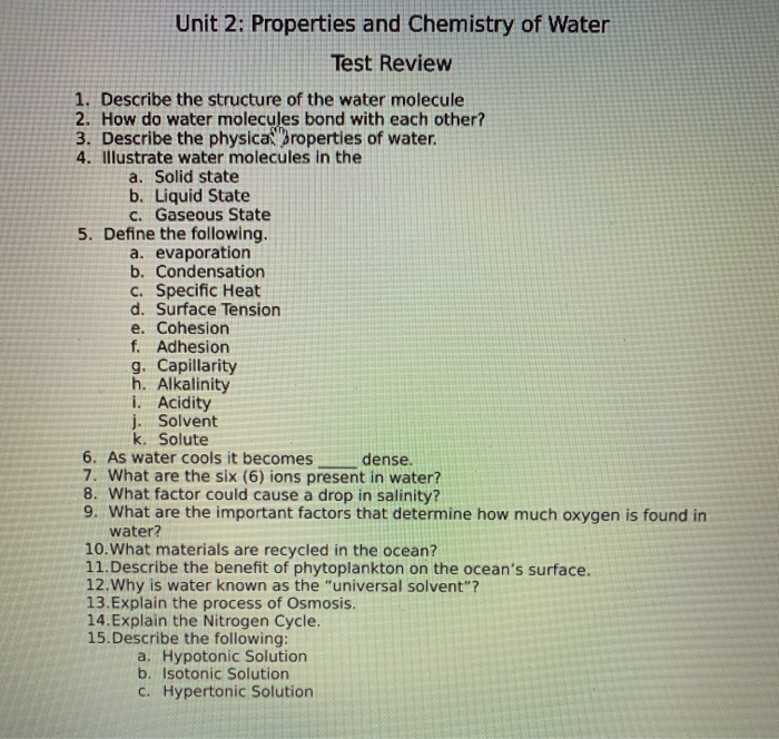 Solved Unit 2: Properties and Chemistry of Water Test Review | Chegg.com