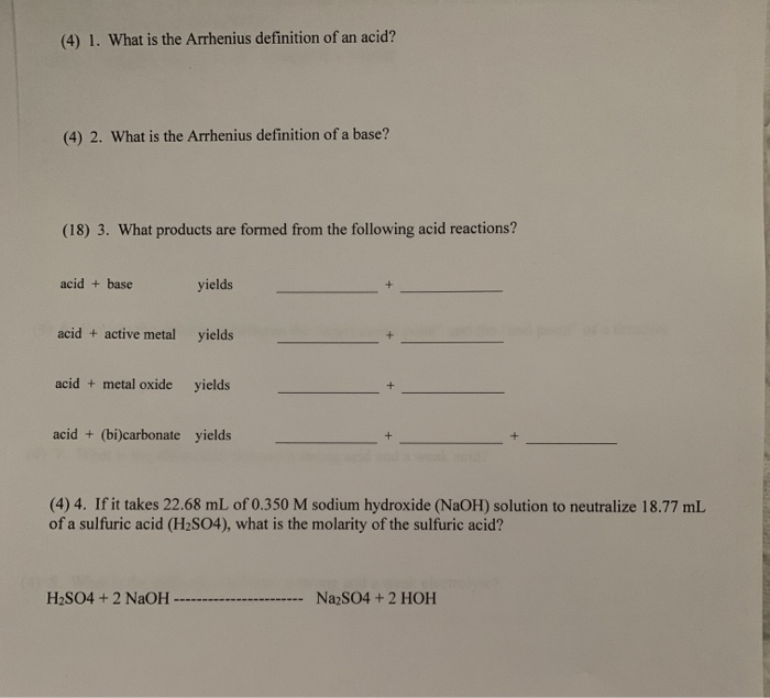 Solved (4) 1. What is the Arrhenius definition of an acid? | Chegg.com