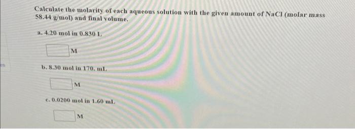 Solved Calculate the molarity of each aqueous solution with | Chegg.com