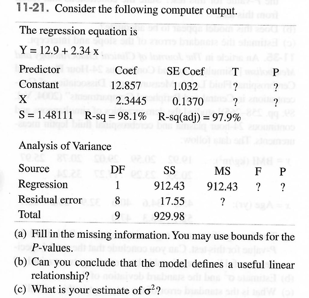 Solved 11-21. ﻿Consider the following computer output.The | Chegg.com