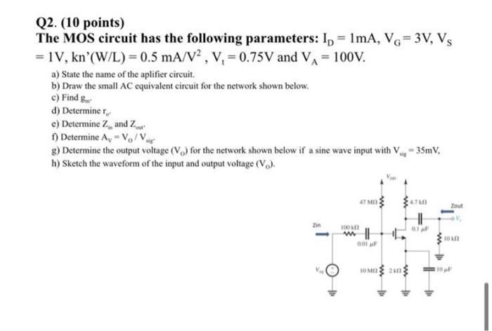 Solved Q2. (10 points) The MOS circuit has the following | Chegg.com