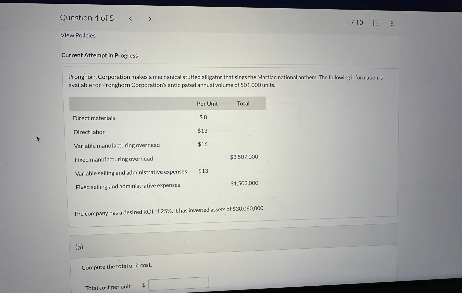 Solved Question 4 ﻿of 5/ 10View PoliciesCurrent Attempt in | Chegg.com