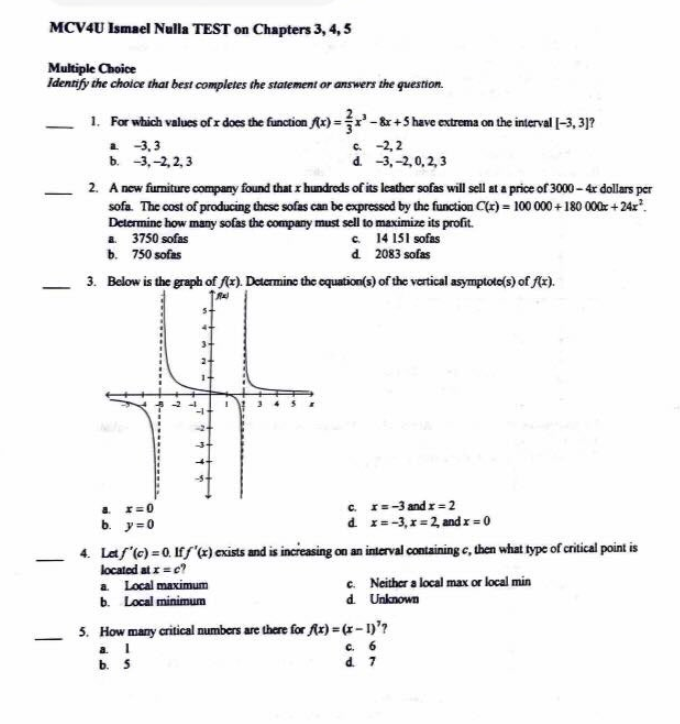 Solved Mcv4u Ismael Nulla Test On Chapters 3 4 5multiple 