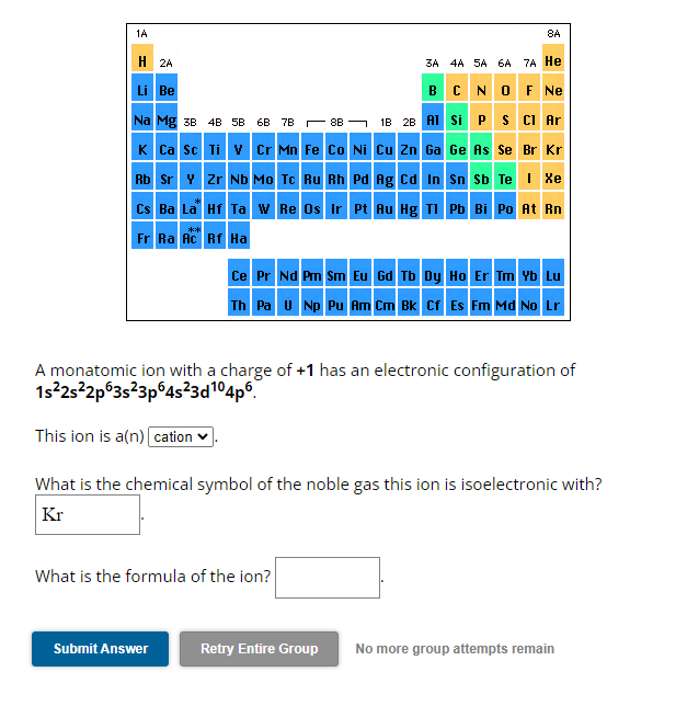 Solved A monatomic ion with a charge of +1 ﻿has an | Chegg.com