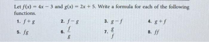 Solved Let f(x)=4x−3 and g(x)=2x+5. Write a formula for each | Chegg.com