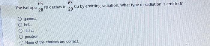 Solved The isotope 2863 Ni decays to 2963 Cu by emitting | Chegg.com