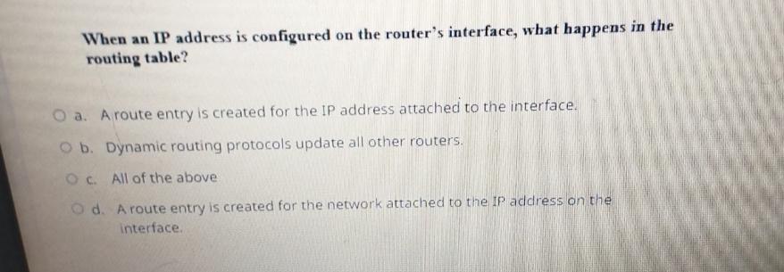 Solved When an IP address is configured on the router's | Chegg.com