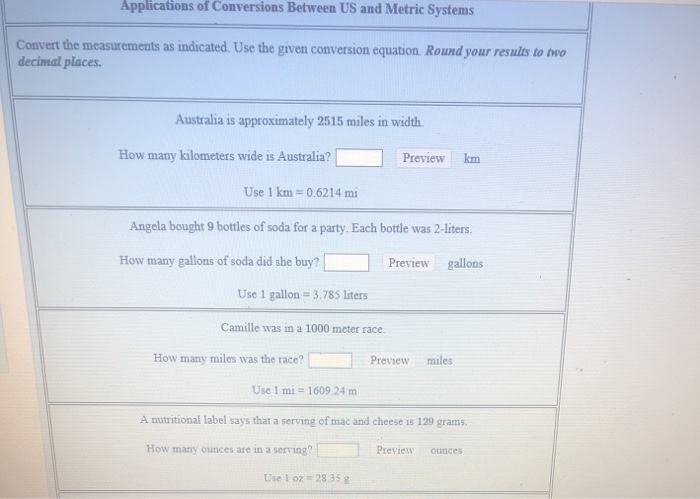 Solved Applications of Conversions Between US and Metric | Chegg.com