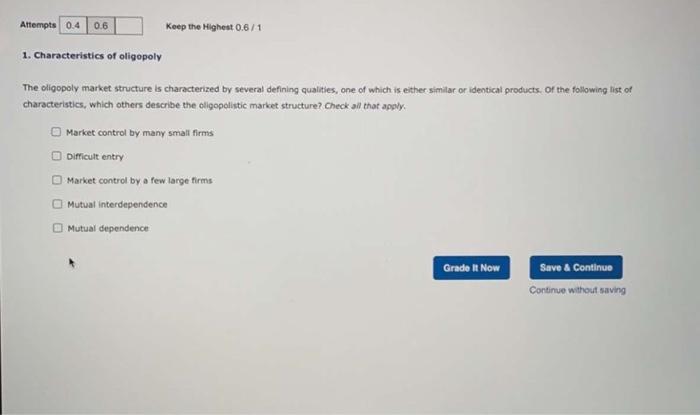 Solved The oligopoly market structure is characterized by | Chegg.com