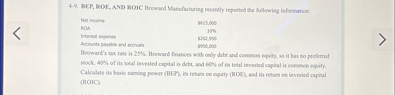 Solved 4-9. ﻿BEP, ROE, AND ROIC Broward Manufacturing | Chegg.com