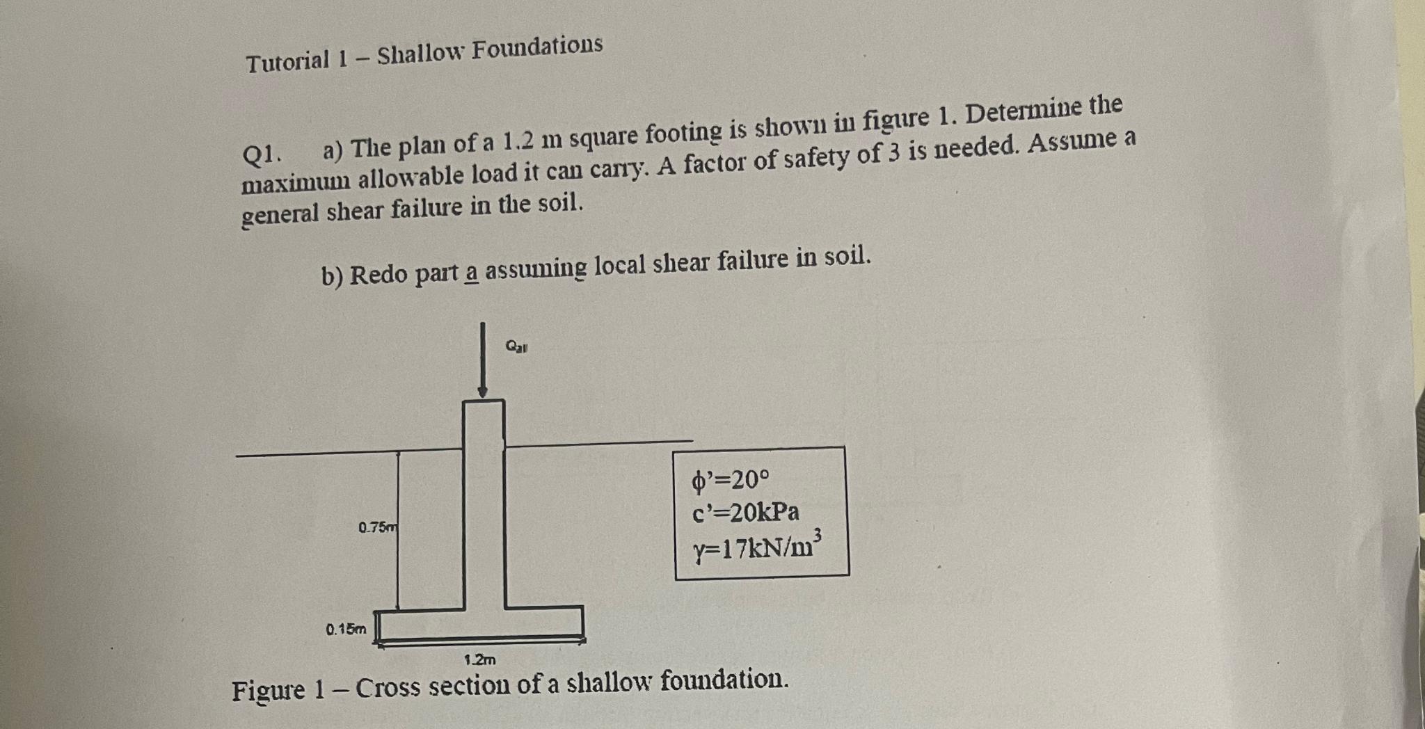 Solved Tutorial 1 - ﻿Shallow FoundationsQ1. ﻿a) ﻿The plan of | Chegg.com