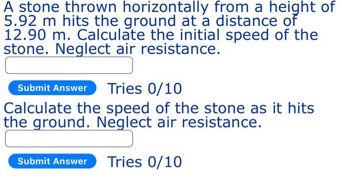 Solved A stone thrown horizontally from a height of 5.92 m | Chegg.com