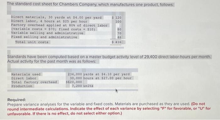 [Solved]: The standard cost sheet for Chambers Company, whi
