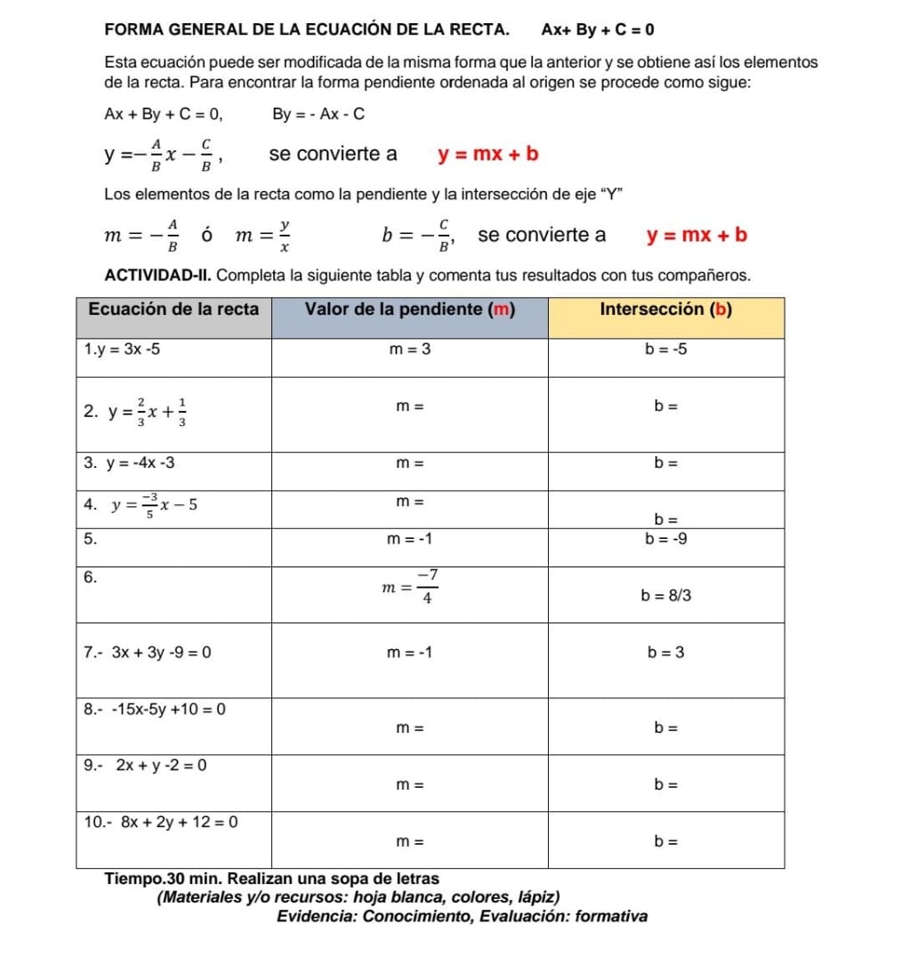 Solved FORMA GENERAL DE LA ECUACIÓN DE LA RECTA. Ax+ ﻿By | Chegg.com
