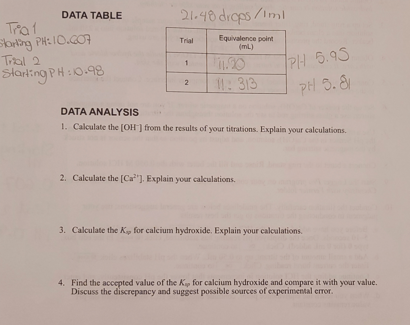 Solved DATA TABLE21.48drops1mlTria 1starting PH:10.607Trial | Chegg.com