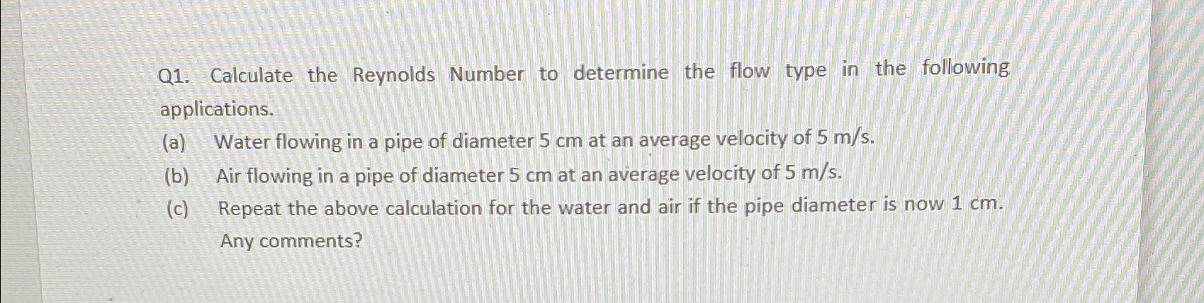 Solved Q1. ﻿Calculate the Reynolds Number to determine the | Chegg.com