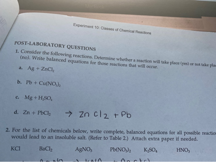 Solved Experiment 10: Classes of Chemical Reactions | Chegg.com