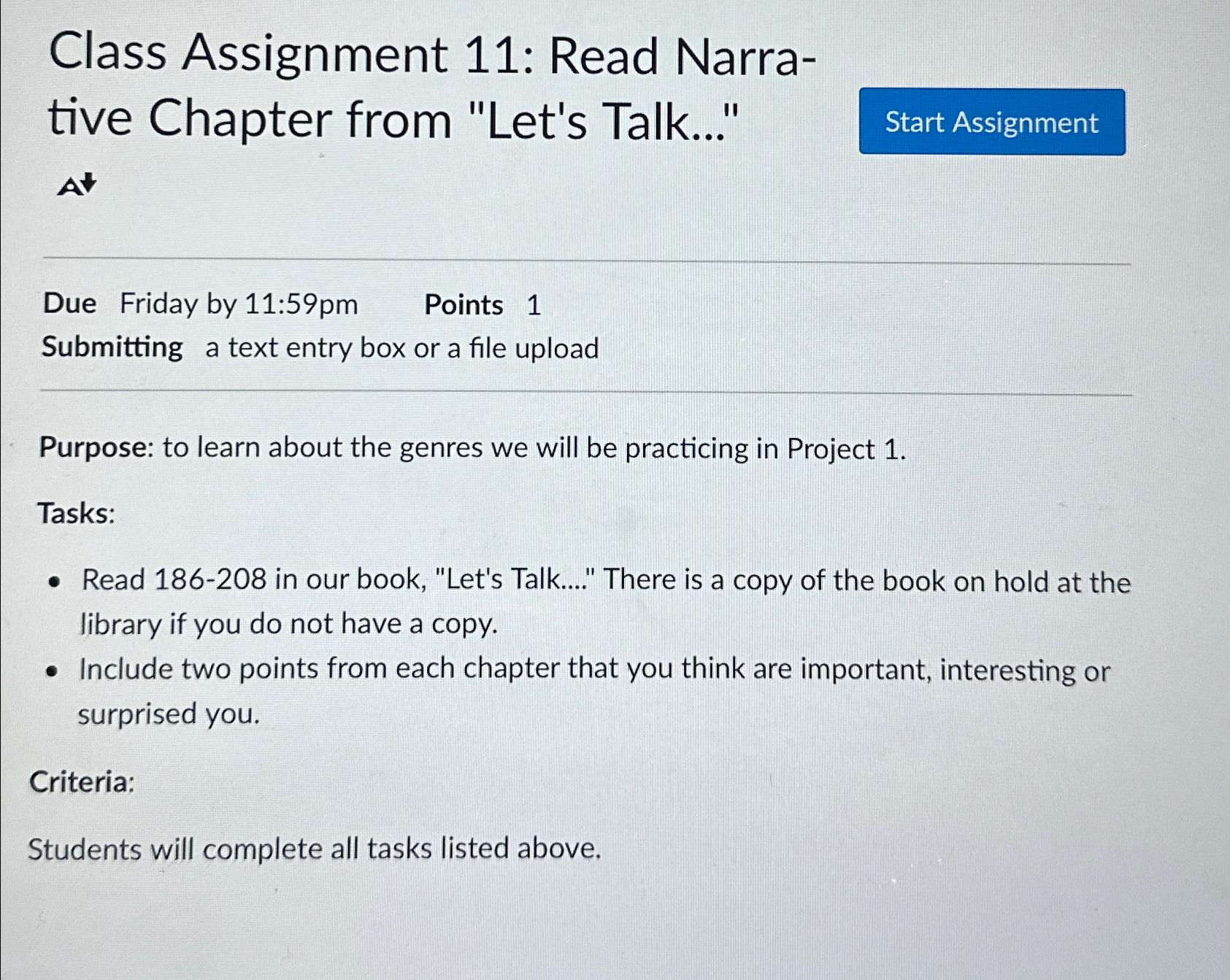 Solved Class Assignment 11: Read Narrative Chapter from | Chegg.com
