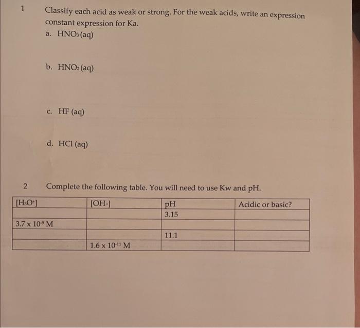 Solved 1 Classify each acid as weak or strong. For the weak | Chegg.com