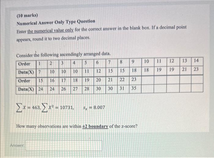 Solved (10 marks) Numerical Answer Only Type Question Enter | Chegg.com