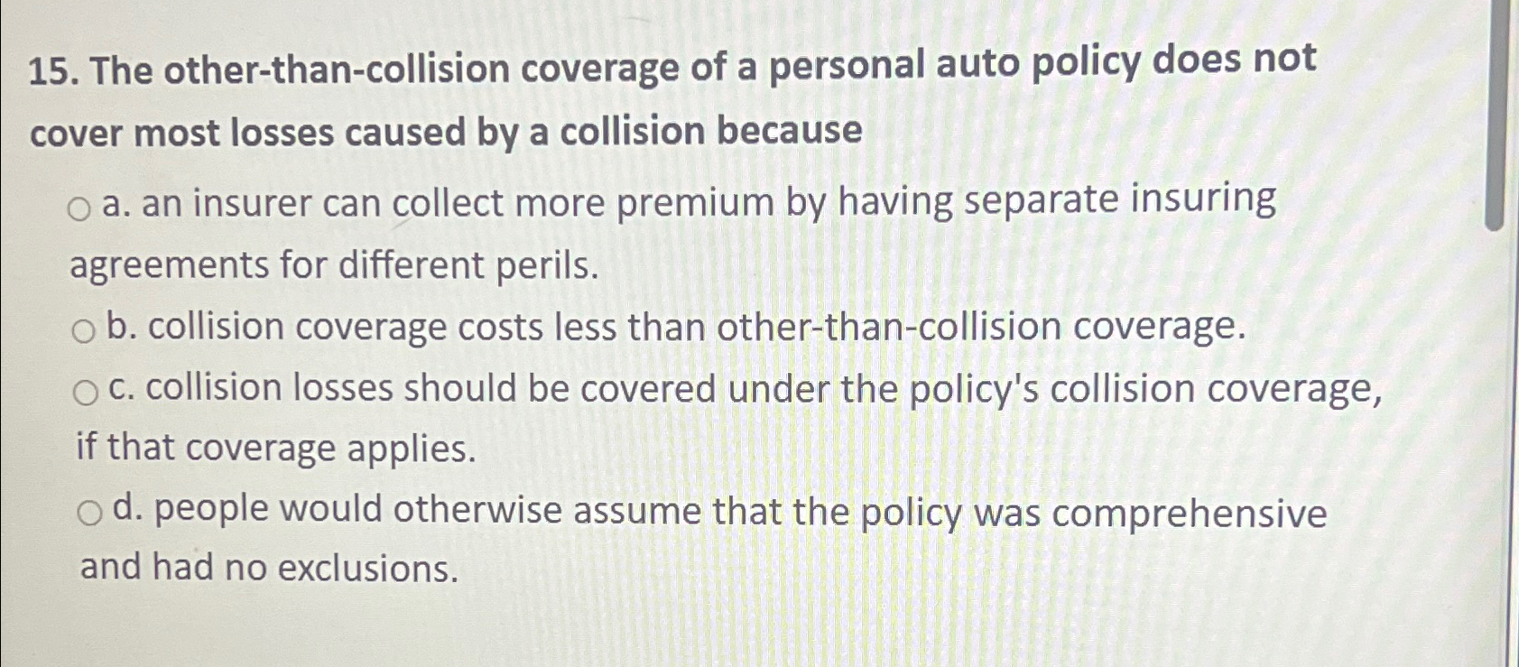 Solved The other-than-collision coverage of a personal auto | Chegg.com
