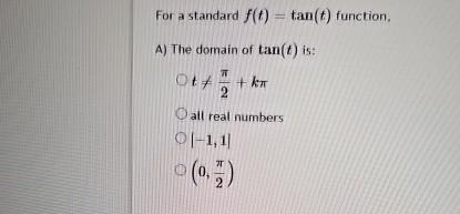 Solved For a standard f(t)=tan(t) ﻿function.A) ﻿The domain | Chegg.com