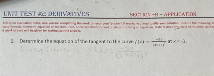 Solved UNIT TEST #2: DERIVATIVES SECTION -B- APPLICATION | Chegg.com