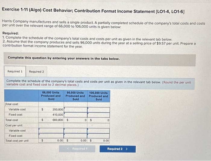 Solved Exercise 1-11 (Algo) Cost Behavior; Contribution | Chegg.com