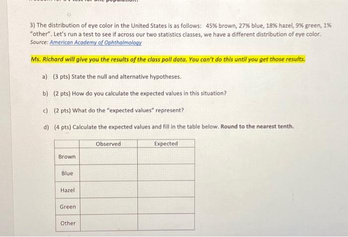 3) The distribution of eye color in the United States | Chegg.com