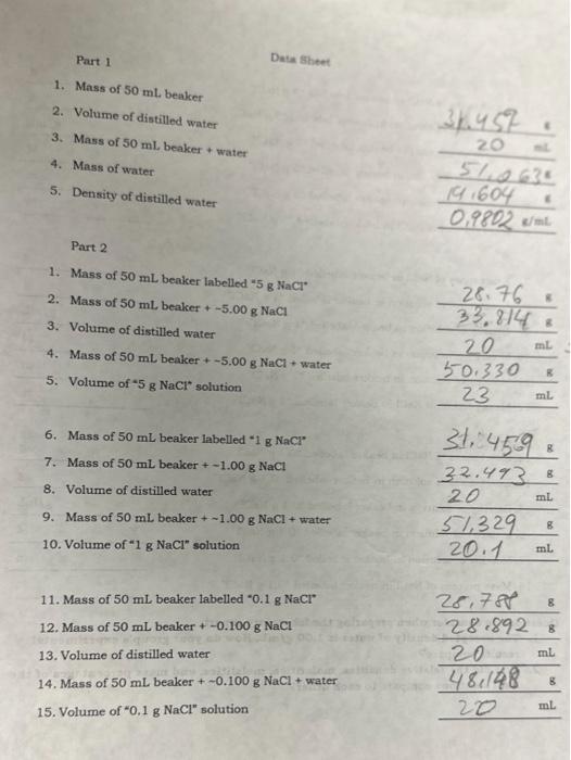 Solved Part 3 1. Exact mass of NaCl in beaker labelled −5 | Chegg.com