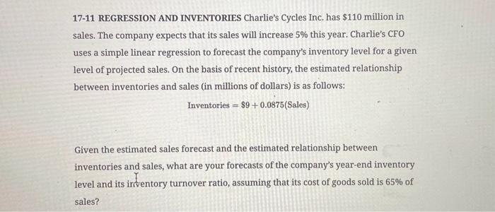 Solved 17-11 REGRESSION AND INVENTORIES Charlie's Cycles | Chegg.com