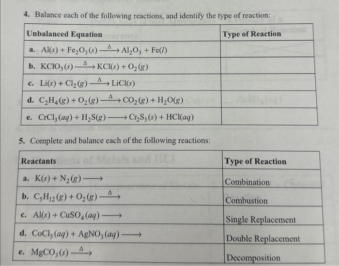 Solved 4. Balance each of the following reactions, and | Chegg.com