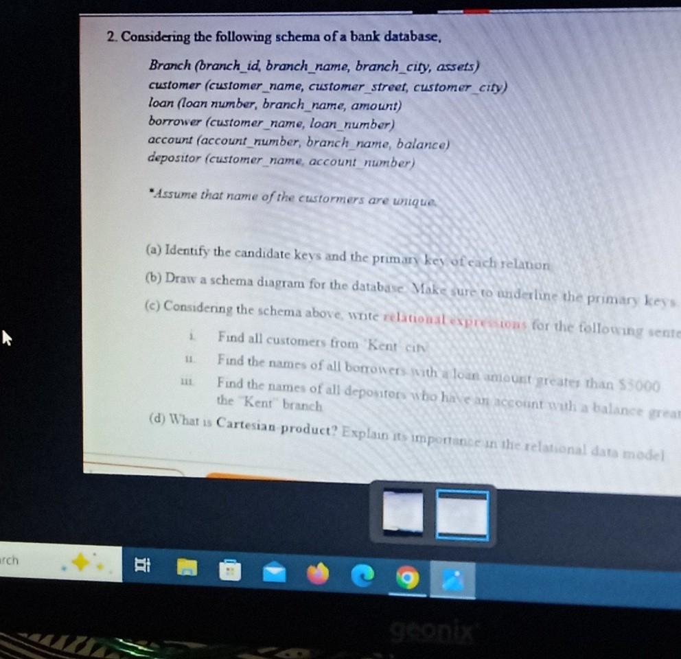 Solved Considering the following schema of a bank database, | Chegg.com