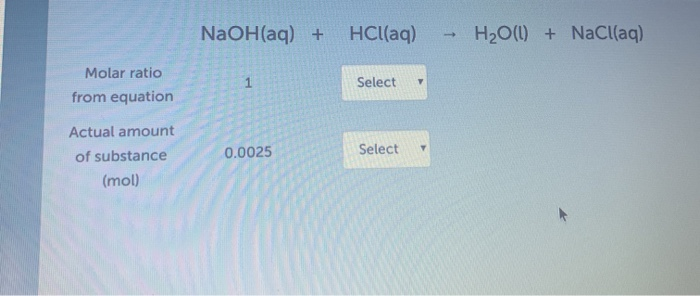 Solved NaOH(aq) + HCl(aq) - H2O(l) + NaCl(aq) Molar ratio | Chegg.com
