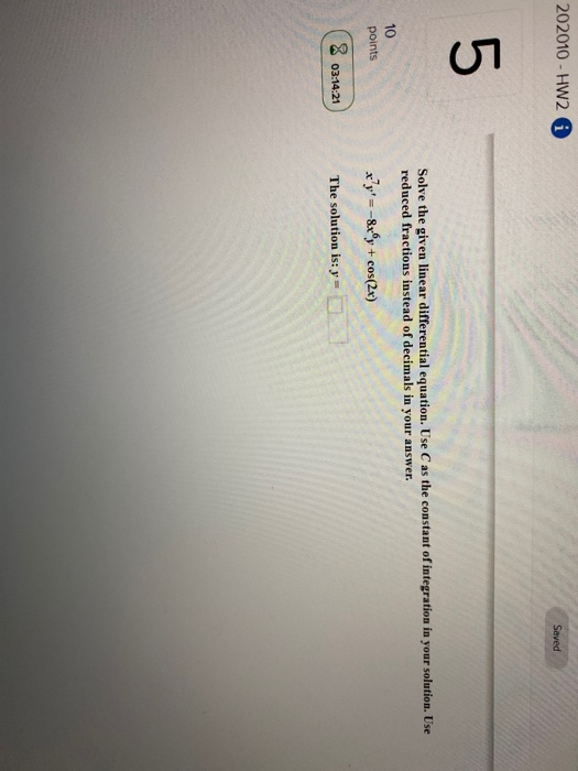Solved 202010 - HW2 A Saved 5 Solve the given linear | Chegg.com